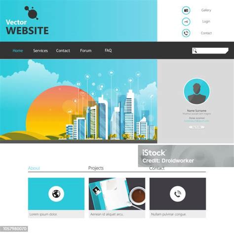 스마트 시티 헤더 디자인의 플랫 일러스트와 함께 한 페이지 웹 사이트 서식 파일 Html에 대한 스톡 벡터 아트 및 기타 이미지