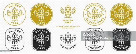 포장 제품을 위한 개념 우표 세트 라벨 글루텐 프리 곡물 단백질 무료 평평한 스파이크 아이콘과 날개가있는 둥근 스탬프 해방 자유의 상징 벡터 그룹화 된 요소입니다 0에 대한