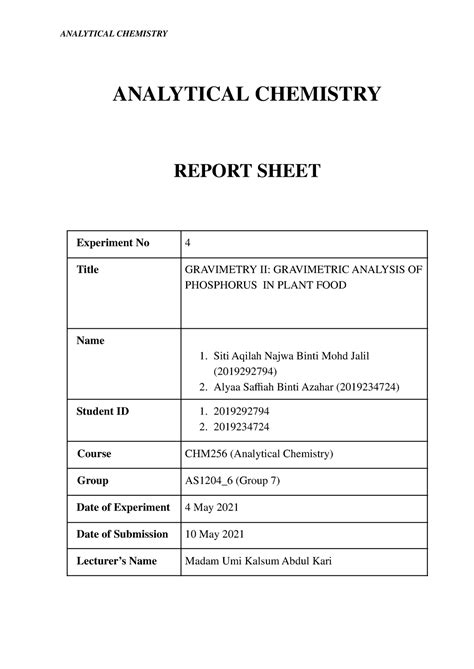 Exp 4 Chm256 Report Sheet Analytic Chemistry Analytical Chemistry