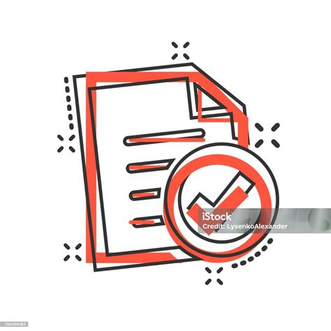 코믹 스타일의 컴플라이언스 문서 아이콘입니다 흰색 고립 된 배경에 승인 된 프로세스 벡터 만화 그림 비즈니스 개념 스플래시 효과를 체크 표시합니다 개발에 대한 스톡 벡터