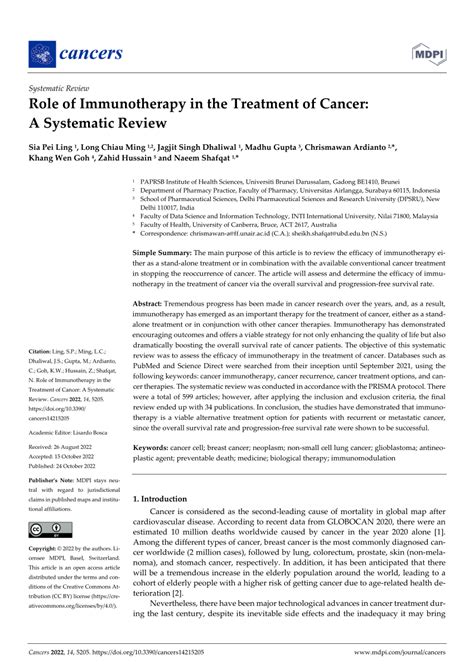 Pdf Role Of Immunotherapy In The Treatment Of Cancer A Systematic Review