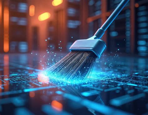 Broom Sweeps Digital Data On Glowing Surface Data Cleaning Cybersecurity Digital Maintenance