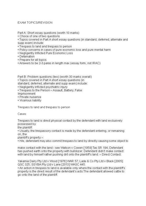 Torts EXAM Revision Lecture And Tutorial Summaries EXAM TOPICS REVISION Part A Short Essay