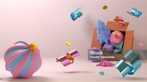 밝은 분홍색 배경에 크리스마스 공 별과 색종이 떨어지는 골판지 상자를 열었습니다 3d 일러스트레이션 렌더링 새해와 크리스마스를 위한 인사말 카드 배너용 템플릿 금 금속에