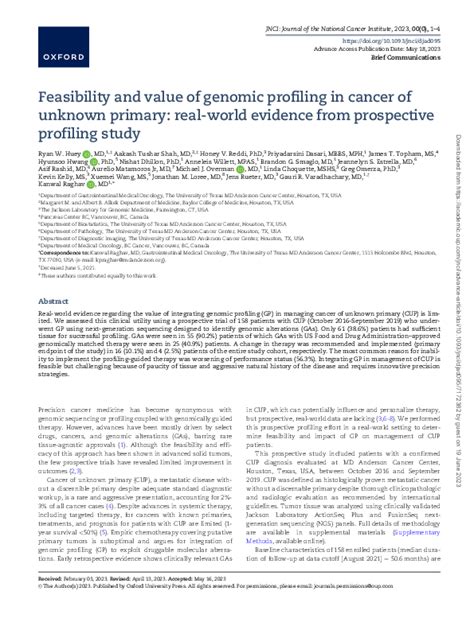 Pdf Feasibility And Value Of Genomic Profiling In Cancer Of Unknown
