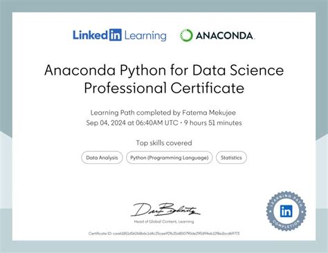 Completion Certificate For Anaconda Python For Data Science Fatema