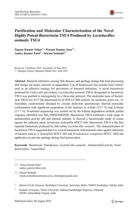 Pdf Purification And Molecular Characterization Of The Novel Highly Potent Bacteriocin Tsu4