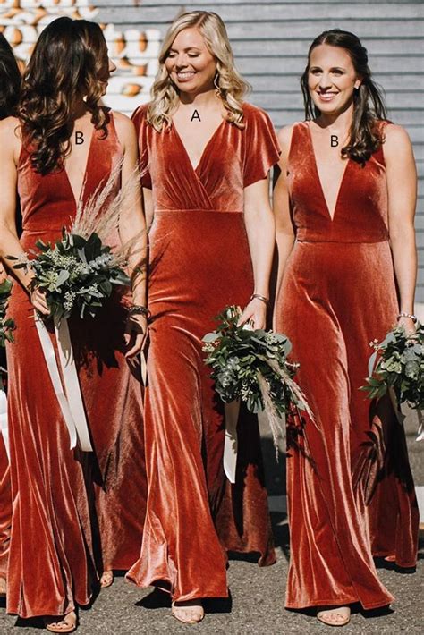 Mismatched Copper Bridesmaid Dress Velvet V Neck Mermaid Wedding Guest
