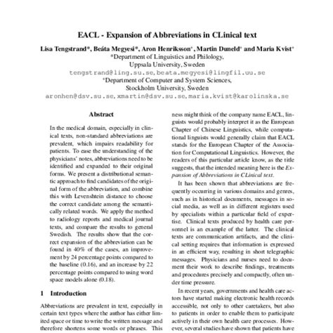 Eacl Expansion Of Abbreviations In Clinical Text Acl Anthology