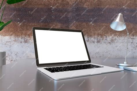 Premium Photo Close Up Of Grunge Style Workplace With Empty White Mock Up Laptop Screen On