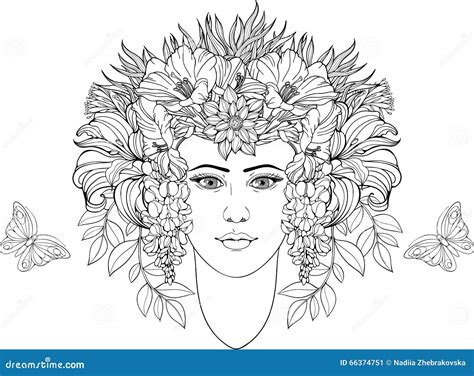 Coloring Page Portrait Of Girl With Flowers In Hair Stock Vector