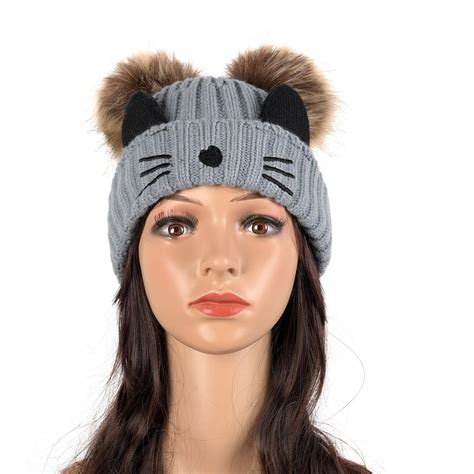 Grey Cat Style Kitted Hat With Pom For Lady Womens Pom Pom Hat