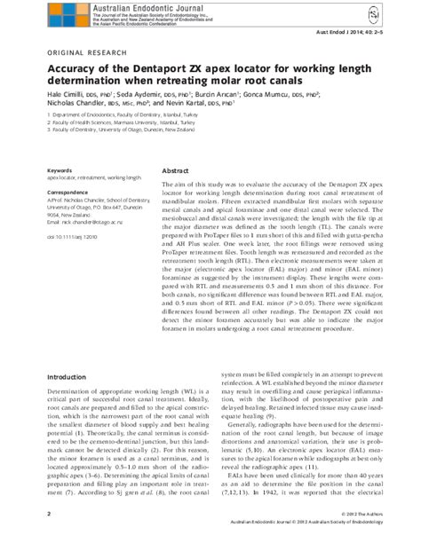 Pdf Accuracy Of The Dentaport Zx Apex Locator For Working Length Determination When Retreating