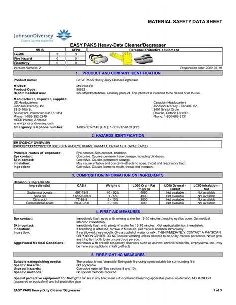 Material Safety Data Sheet Easy Paks Heavy Duty Cleaner