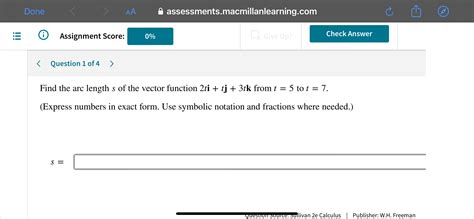 Solved Find The Arc Length S Of The Vector Function Chegg Com