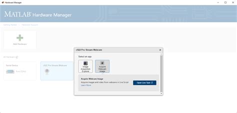Using Acquire Webcam Image Live Editor Task From Hardware Manager