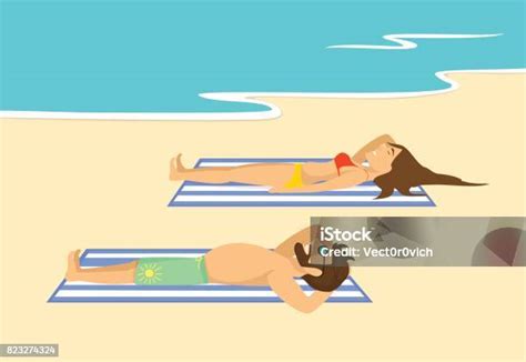 피곤된 남자 그리고 여자 스트라이프 타월 해변에서 해변에 누워 휴식 선탠 즐기고 일광욕 행복 한 여름 휴가 벡터 일러스트 레이 션 게으름에 대한 스톡 벡터 아트 및 기타
