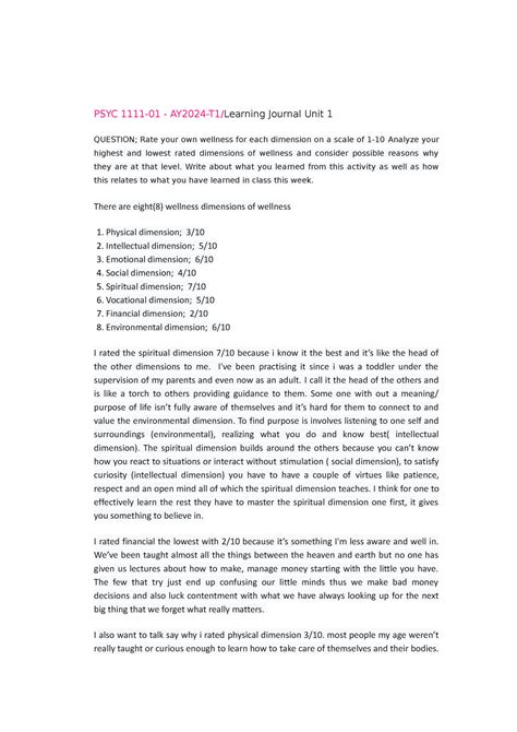 Psyc Learning Journal Unit 1 PSYC 1111 01 AY2024 T1 Learning Journal Unit 1 QUESTION Rate