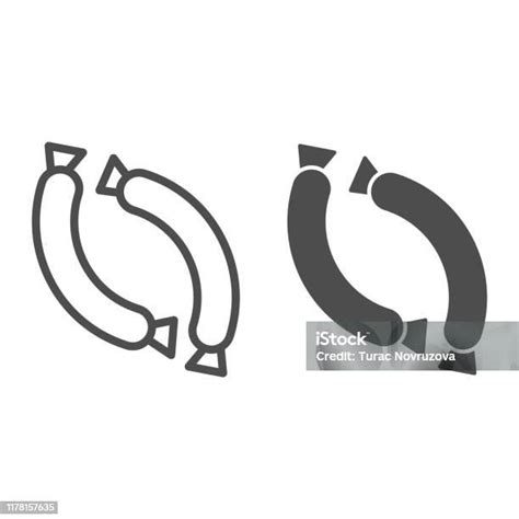 프랑크푸르터 수법 라인과 글리프 아이콘 흰색에 고립 된 바베큐 소시지 벡터 그림입니다 고기 개요 스타일 디자인 웹 및 응용 프로그램을 위해 설계 Eps 10 10에 대한