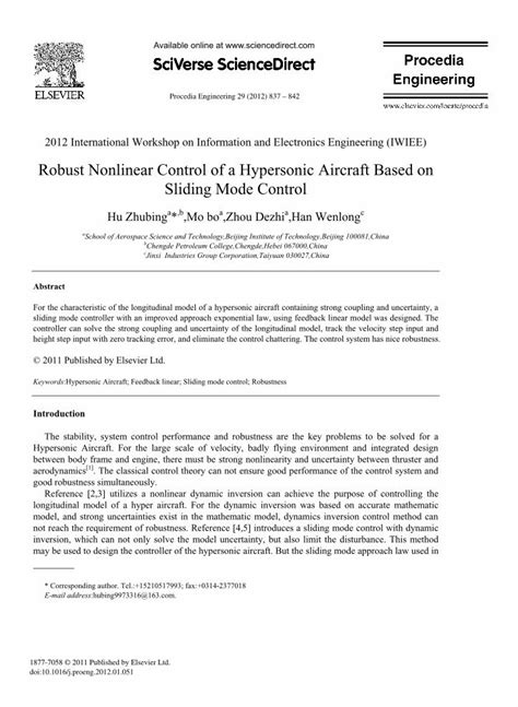 Pdf Robust Nonlinear Control Of A Hypersonic Aircraft Based On
