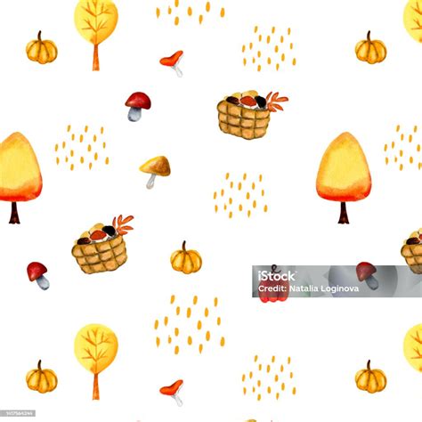 식물 요소 잎 호박 나무 버섯 버섯 바구니 추수 감사절 가을 휴일 축제에 적합한 수채화 손으로 그린 패턴 10월에 대한 스톡 벡터 아트 및 기타 이미지 Istock