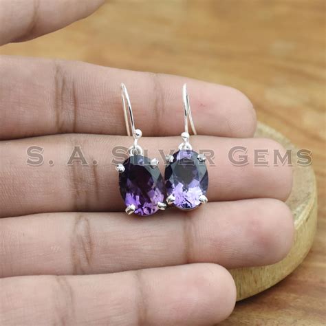 Natural Amethyst Dangle Earrings 925 Sterling Silver Oval Gemstone Etsy