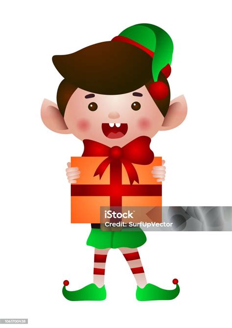 행복 한 엘 프 크리스마스 선물 벡터 일러스트 레이 션을 들고 꼬마 요정에 대한 스톡 벡터 아트 및 기타 이미지 꼬마 요정 나비매듭 남성 Istock