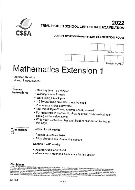 HSC Mathematics Extension Exam Solutions And Instructions Studocu