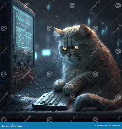 A Gray Hacker Cat Sitting Behind A Computer And Typing On A Keyboard Created With Generative Ai