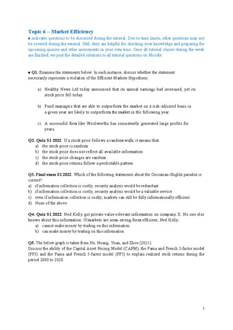 Tute 6 Qs Tutorial 6 Questions Topic 6 Market Efficiency ♠ Indicates Questions To Be