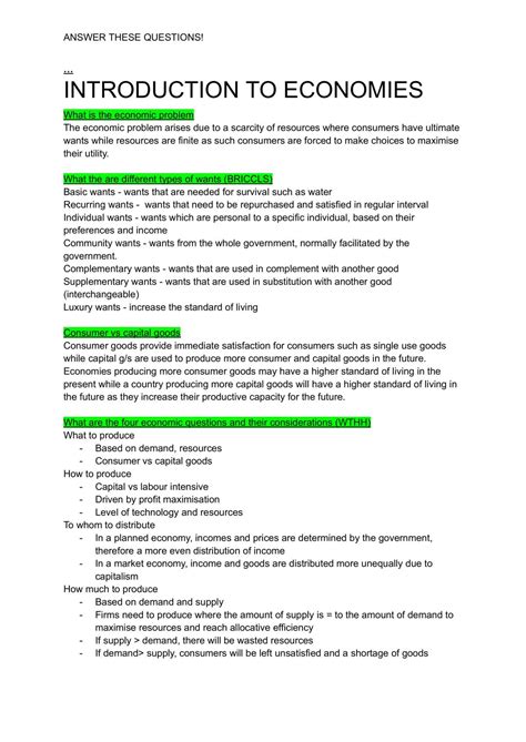 Econ Notes Economics Year 11 Hsc Thinkswap