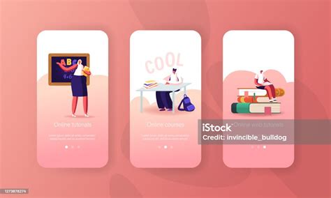 인터넷 자습서 및 수업 모바일 앱 페이지 온보드 화면 템플릿 아이들과 교사 캐릭터 먼 공부 교사 교육 관련 직업에 대한 스톡