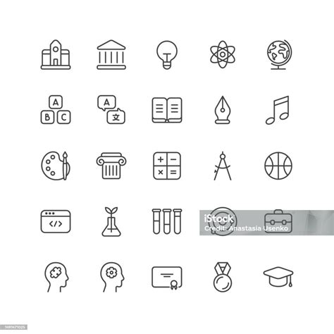 개요 스타일 Ui 아이콘 교육 및 학교 수업 컬렉션입니다 벡터 검정 선형 아이콘 그림 세트입니다 과학 과목 건물 예술 및 책 기호 줄기 생물학 화학을 위한 디자인 요소