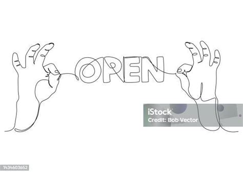 열린 단어로 끈을 잡고 있는 두 손의 연속 줄 하나 씬 라인 일러스트 레이 션 벡터 개념 윤곽선 그리기 창조적 인 아이디어 가게