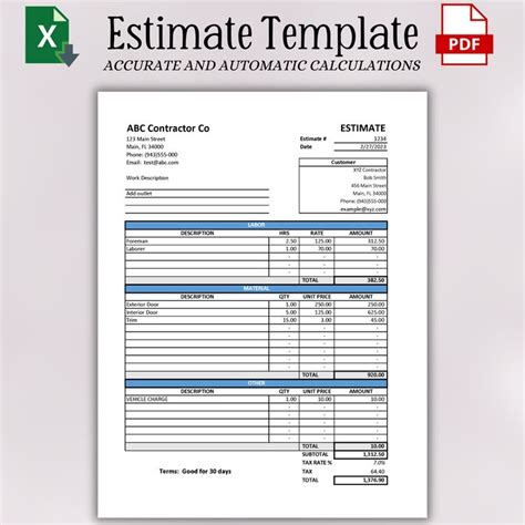 Estimate Template With Labor And Material Breakout Excel Excel
