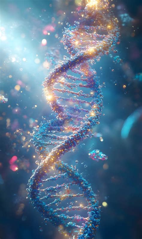 Glowing Dna Double Helix With Blue Background And Particles Stock