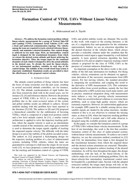 Pdf Formation Control Of Vtol Uavs Without Linear Velocity Measurements