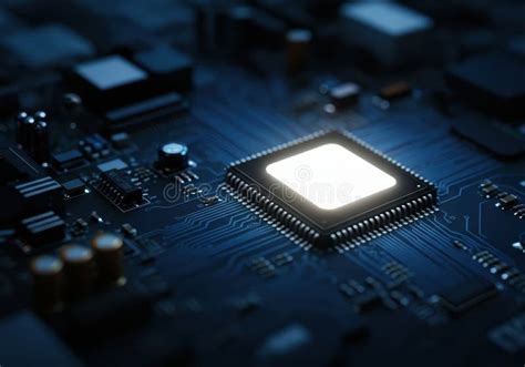 Close Up Of A Glowing Microchip On A Dark Circuit Board Stock Image Image Of Connection