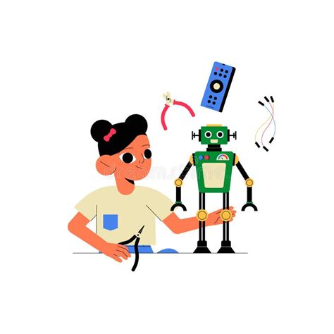 Young Girl Building A Robot With Tools In Flat Vector Illustration