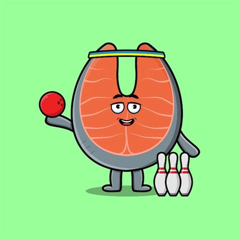 평평한 현대적인 스타일의 디자인으로 볼링을 치는 귀여운 만화 신선한 연어 캐릭터 프리미엄 벡터