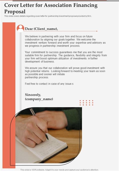 Cover Letter For Association Financing Proposal One Pager Sample Example Document Ppt Template