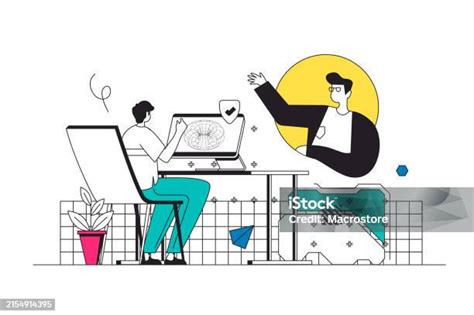 사이버 공간 관리는 현대 편평한 선 디자인에 있는 웹 개념을 개략적으로 설명합니다 프로젝트에서 컴퓨터로 작업하고 작업 흐름을