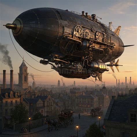 A Steampunk Themed Scene Depicts A Large Metallic Airship Hovering Over