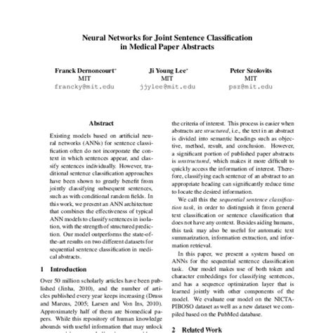 Neural Networks For Joint Sentence Classification In Medical Paper Abstracts Acl Anthology