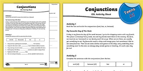 Esl Conjunctions Activity Sheet Teacher Made Twinkl