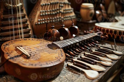 Assortment Of Classical Stringed Musical Instruments Displayed On A Wooden Surface 47327937