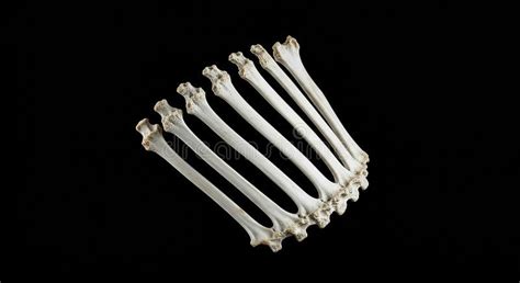 Seven White Elongated Bird Bones Arranged Parallel To Each Other