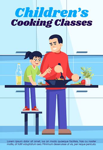 어린이 요리 클래스 포스터 템플릿 세미 플랫 일러스트가 있는 상업용 전단지 디자인 벡터 만화 프로모션 카드 요리 레슨 가족