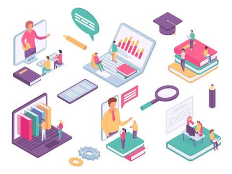 아이소메트릭 온라인 교육 전화 화면에 학생 책 교사가 있는 가상 수업 집에서 원격 학교 학습 3d 벡터 집합입니다 교육 온라인 사용 스마트폰 및 노트북 그림