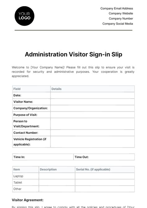 Free Administration Visitor Sign In Slip Template To Edit Online